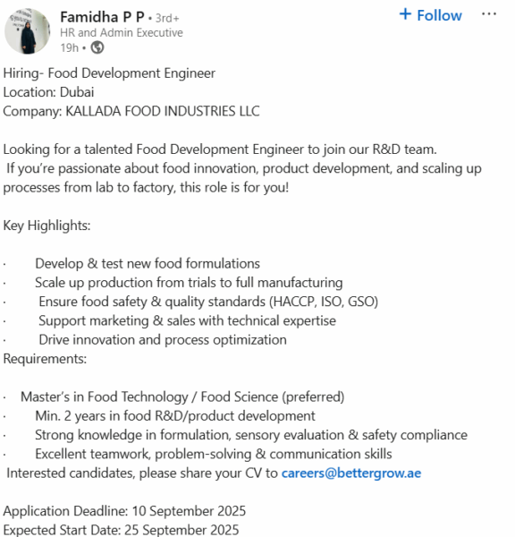 Food Development Engineer - Dubai - FoodTechSafety