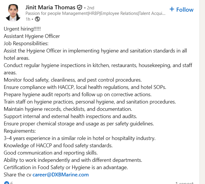 Hotel Hygiene Officer – Dubai - FoodTechSafety